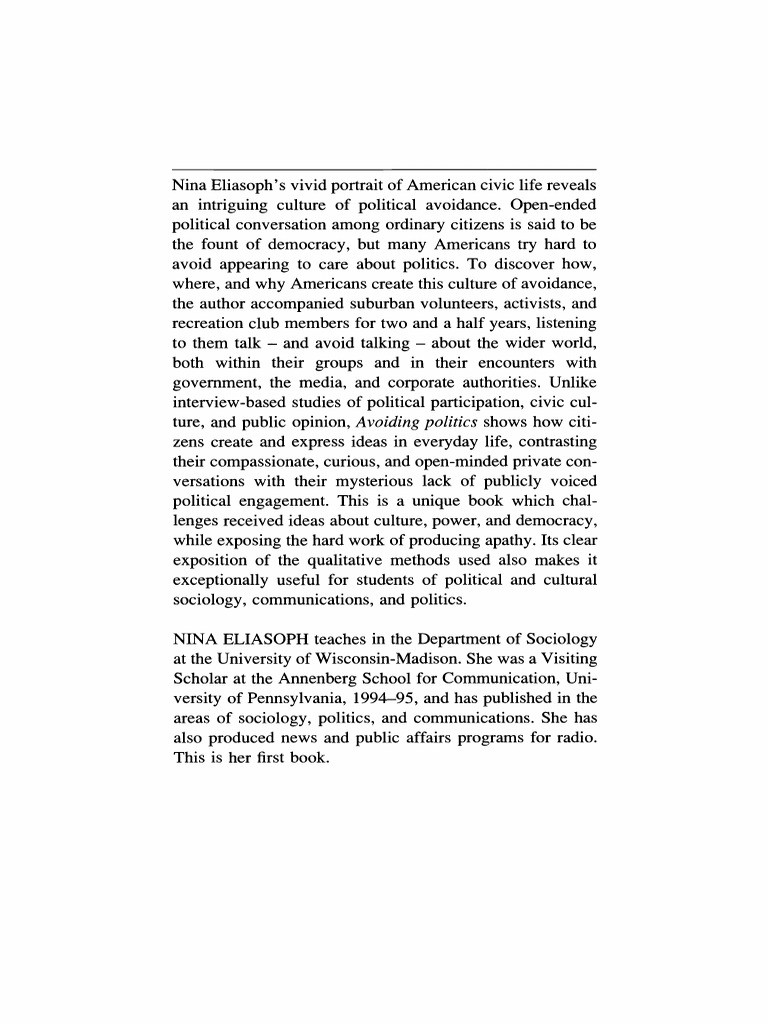Avoiding Politics - How Americans Produce Apathy in Everyday Life - N ...