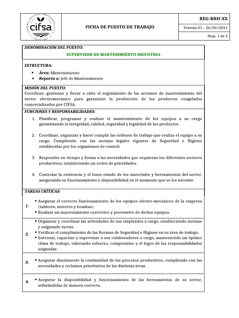 Reg-Rrh-06 Supervisor de Mantenimiento | PDF | Empleo | Calidad (comercial)