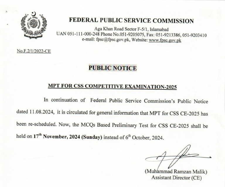 2024 08-29-08!30!18 Public Notice MPT For CSS Competitive Examination ...