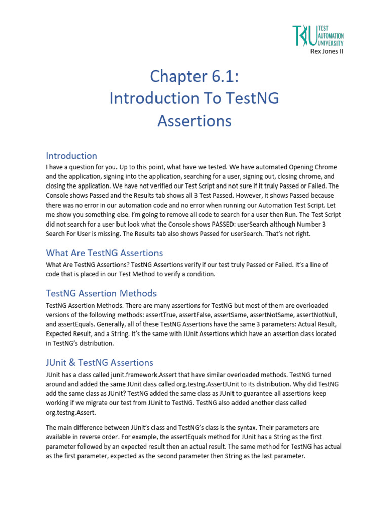 (Transcript) Chapter 6.1 - Intro To TestNG Assertions | PDF | Software ...