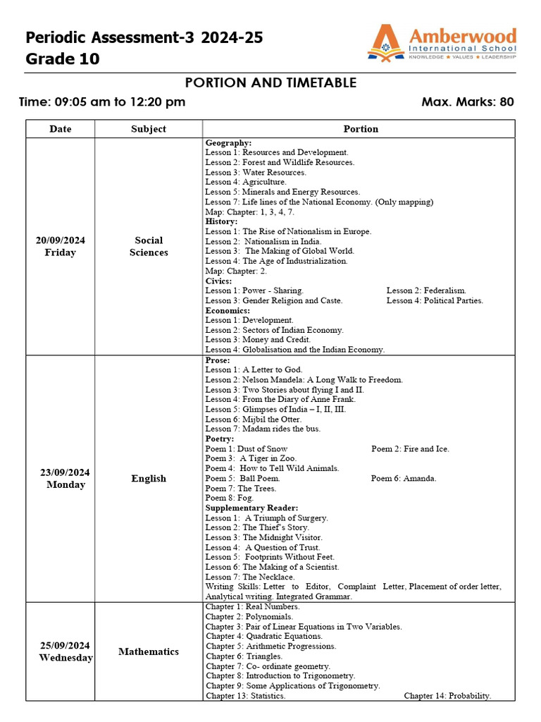 Grade 10-PA3-Portion and Timetable-2024-25 | PDF | Equations | Mathematics