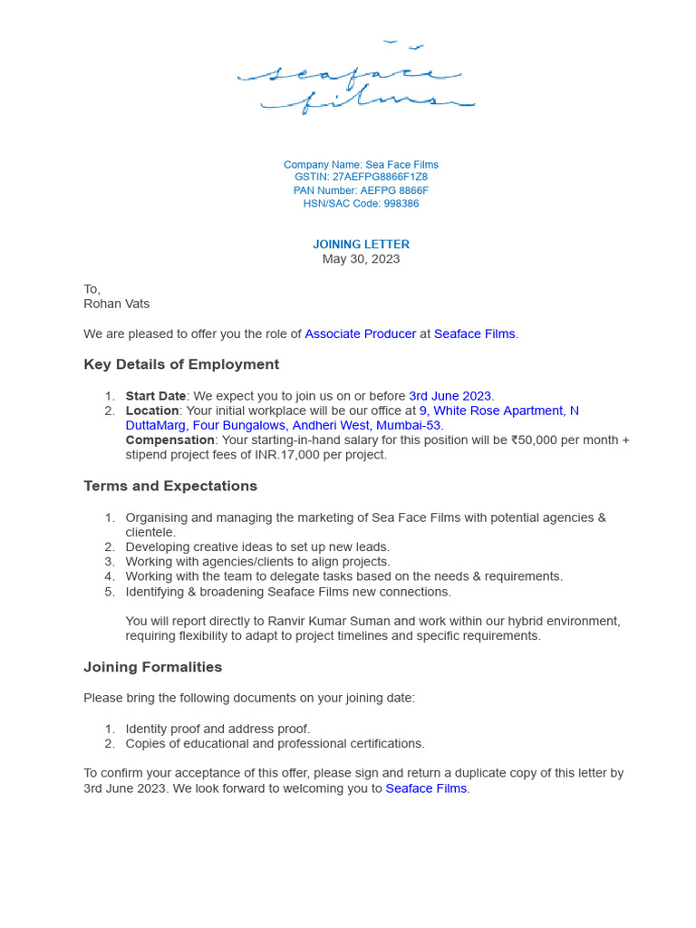 Associate Producer Offer Letter - Sea Face Films | PDF
