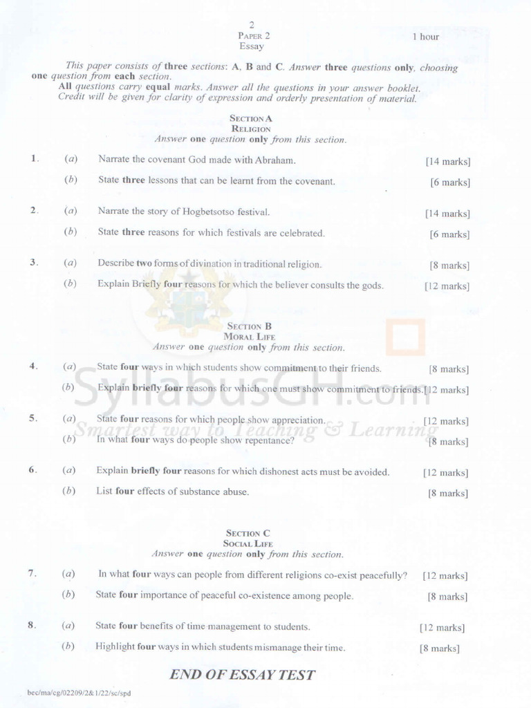 2022 Bece Rel & Moral Education Paper 2 | PDF