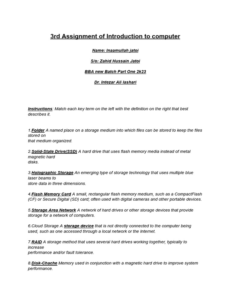 3rd Assignment of Introduction To Computer-1 | PDF | Computer Data Storage | Usb Flash Drive
