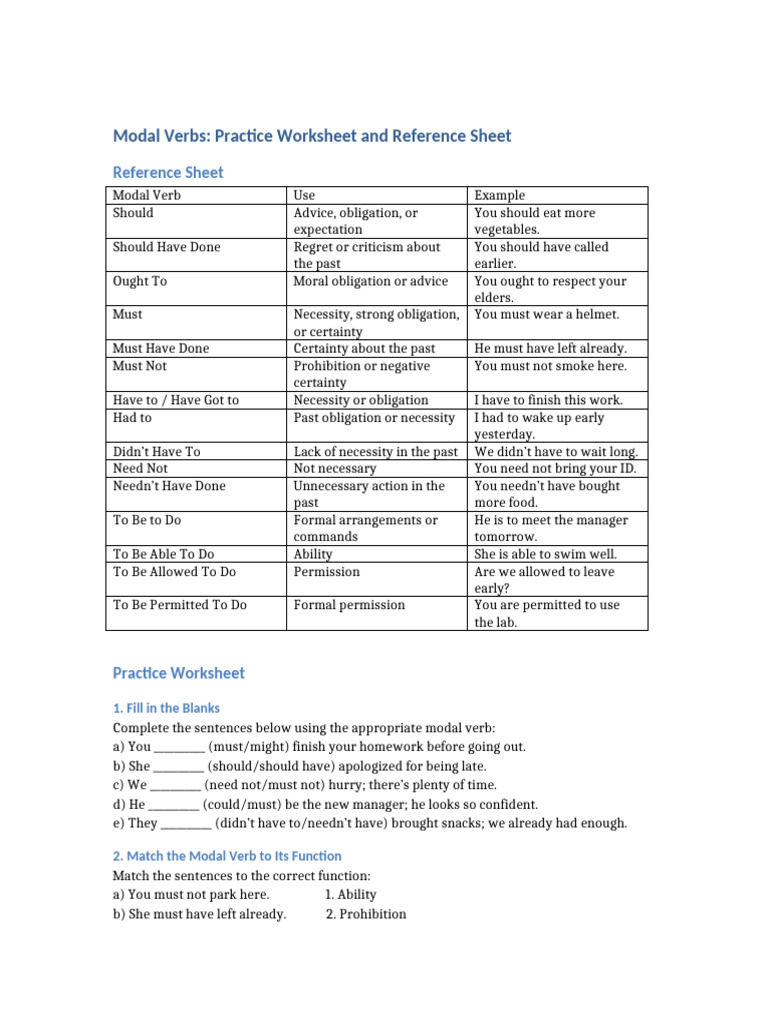Modal Verbs Worksheet and Reference Sheet | PDF | Morphology | Semantic ...