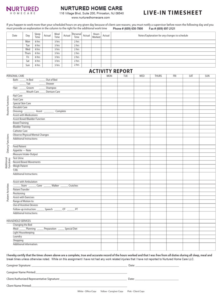 Timesheet - Live-In - Amazing Caregivers | PDF | Caregiver | Health Care
