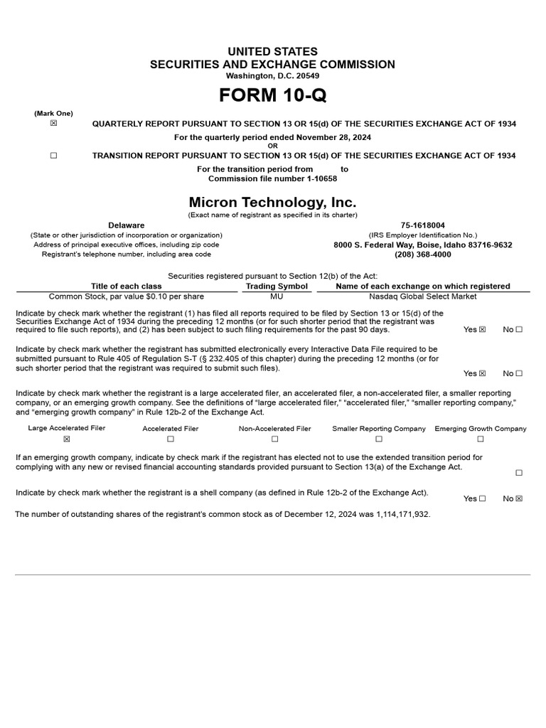 FORM 10-Q: Micron Technology, Inc | PDF | Equity (Finance) | Financial ...