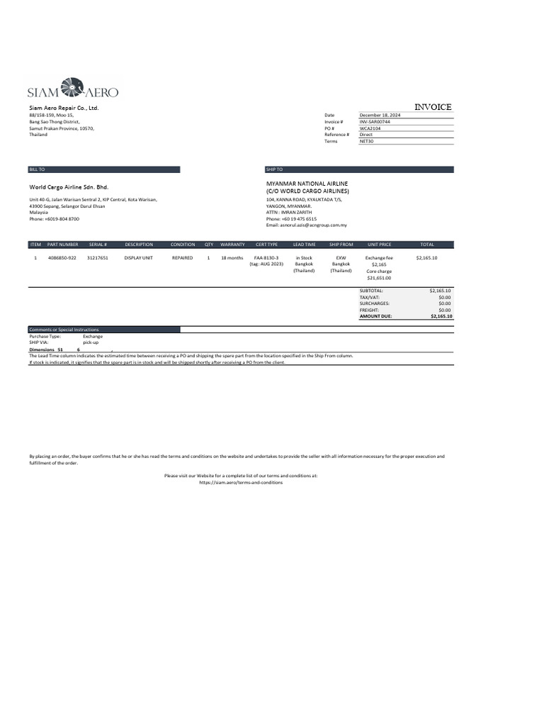 Siam Aero Repair INV-SAR00744 | PDF | Invoice | Business
