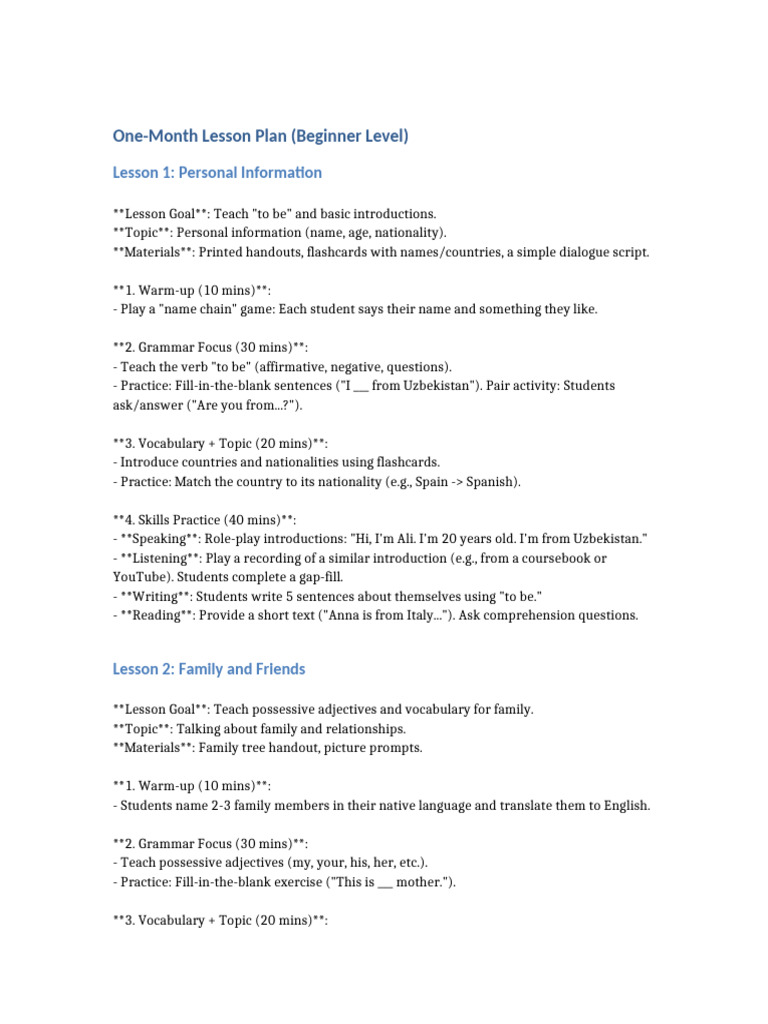 Full Beginner Lesson Plan | PDF | Reading Comprehension | Vocabulary