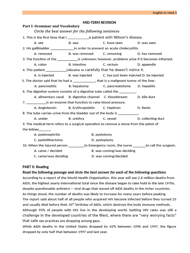 Mid Test Revision Kiem Tra | PDF | Hiv/Aids | Hiv
