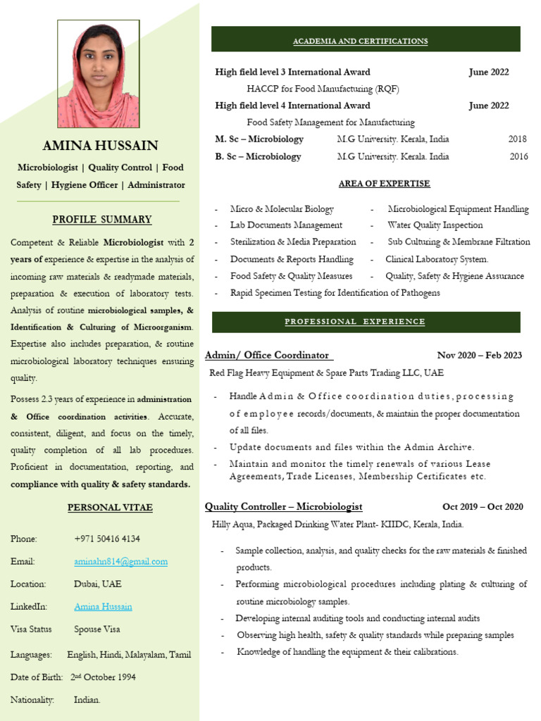 Amina Hussain Resume .2-1 | PDF | Microbiology | Food Safety