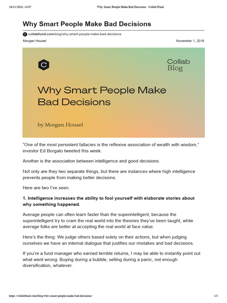 Smart People, Bad Decisions Explained | PDF | Intelligence