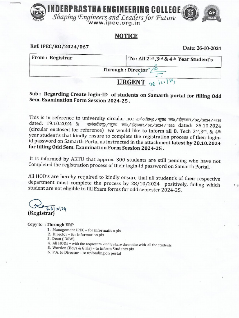 From Registrar Regarding Create Login ID of Students On Samarth Portal For Filling Odd Sem ...