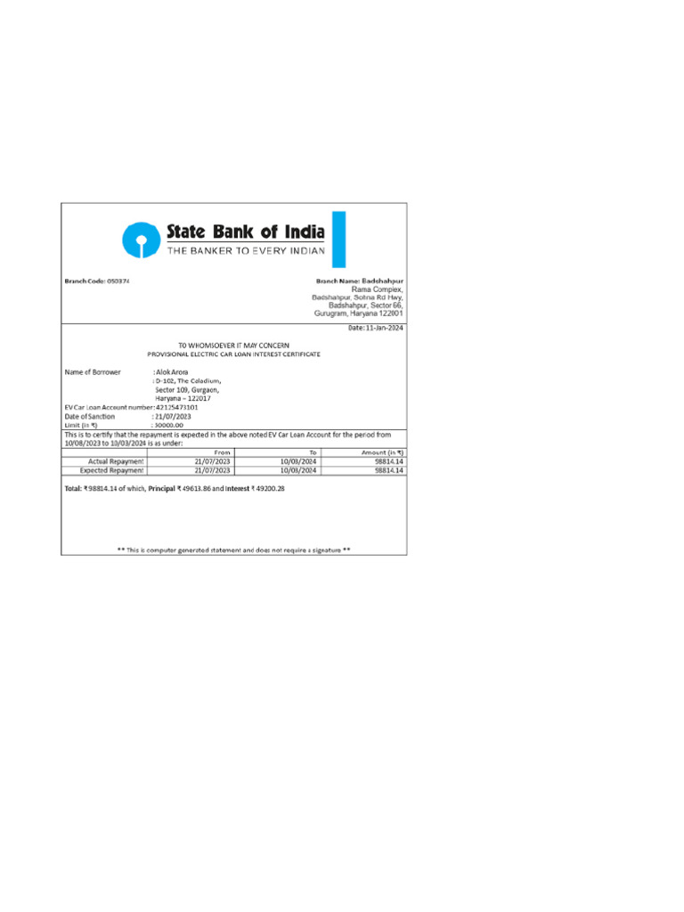 Electric Vehicle Interest Certificate | PDF