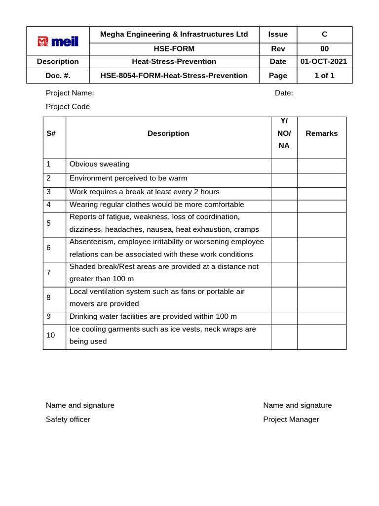 HSE 8054 FORM Heat Stress Prevention 00 | PDF