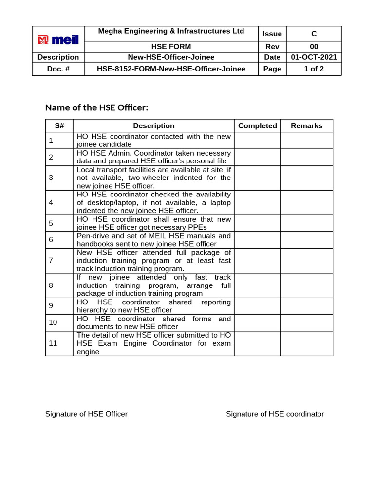 HSE 8152 FORM New HSE Officer Joinee | PDF