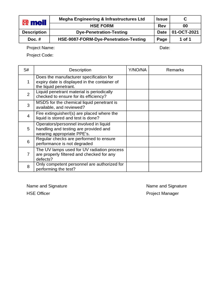 HSE 9087 FORM Dye Penetration Testing 00 | PDF