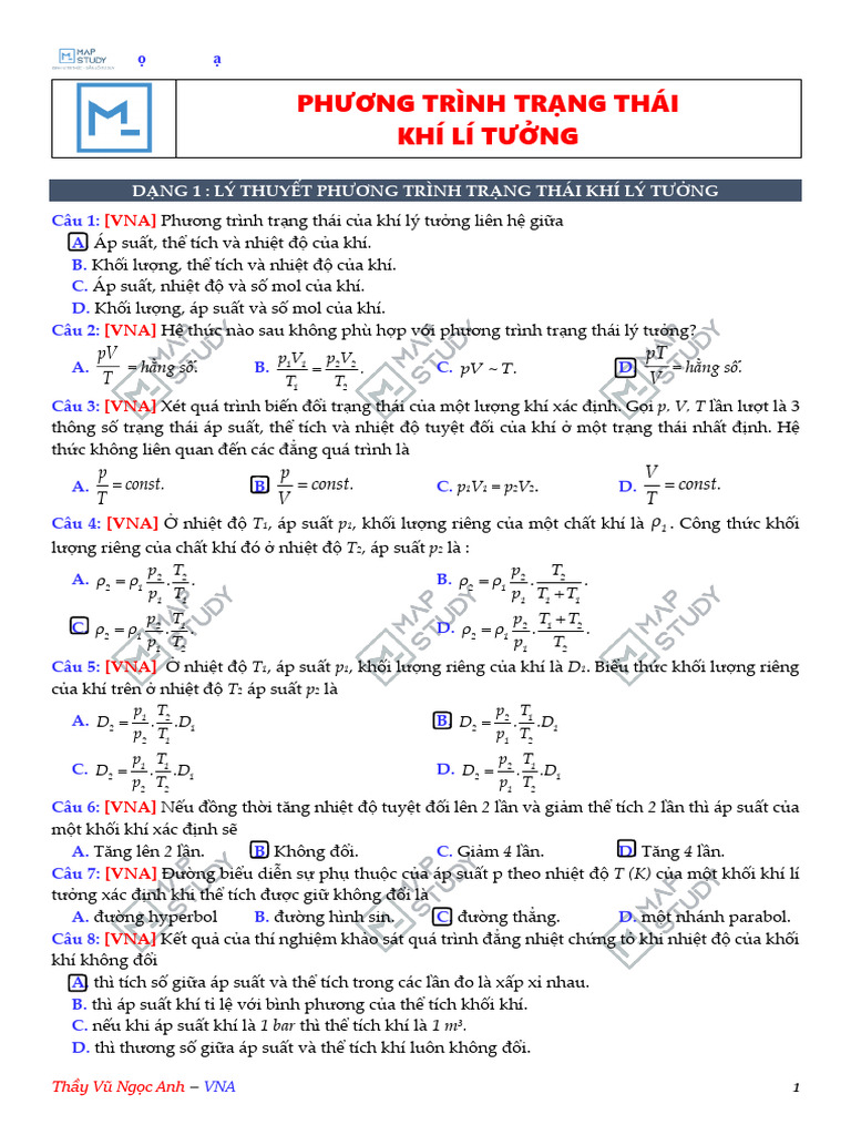 Tai Lieu - Dang 1 Ly Thuyet Phuong Trinh Trang Thai Khi Ly Tuong 1722504099427 | PDF