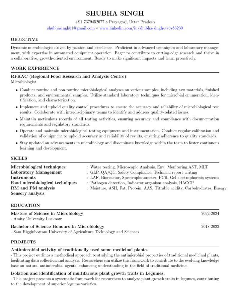 Shubha-Singh-Resume | PDF | Medical Microbiology | Microbiology