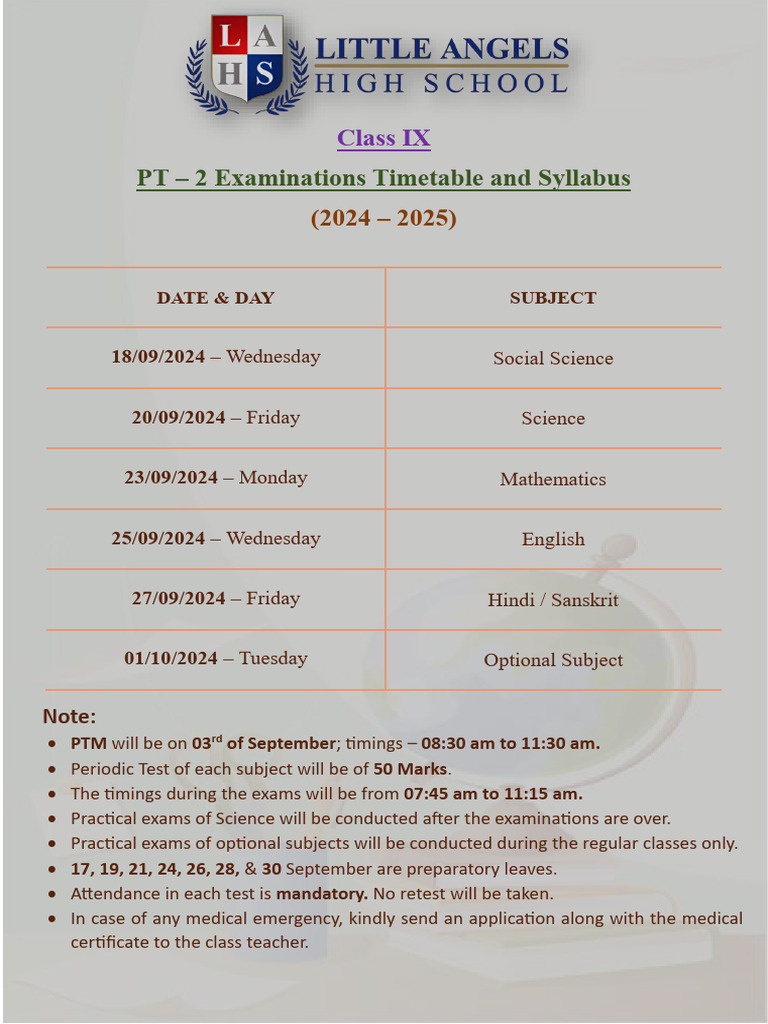 PT - 2 Examinations Timetable and Syllabus: Class IX | PDF | Science