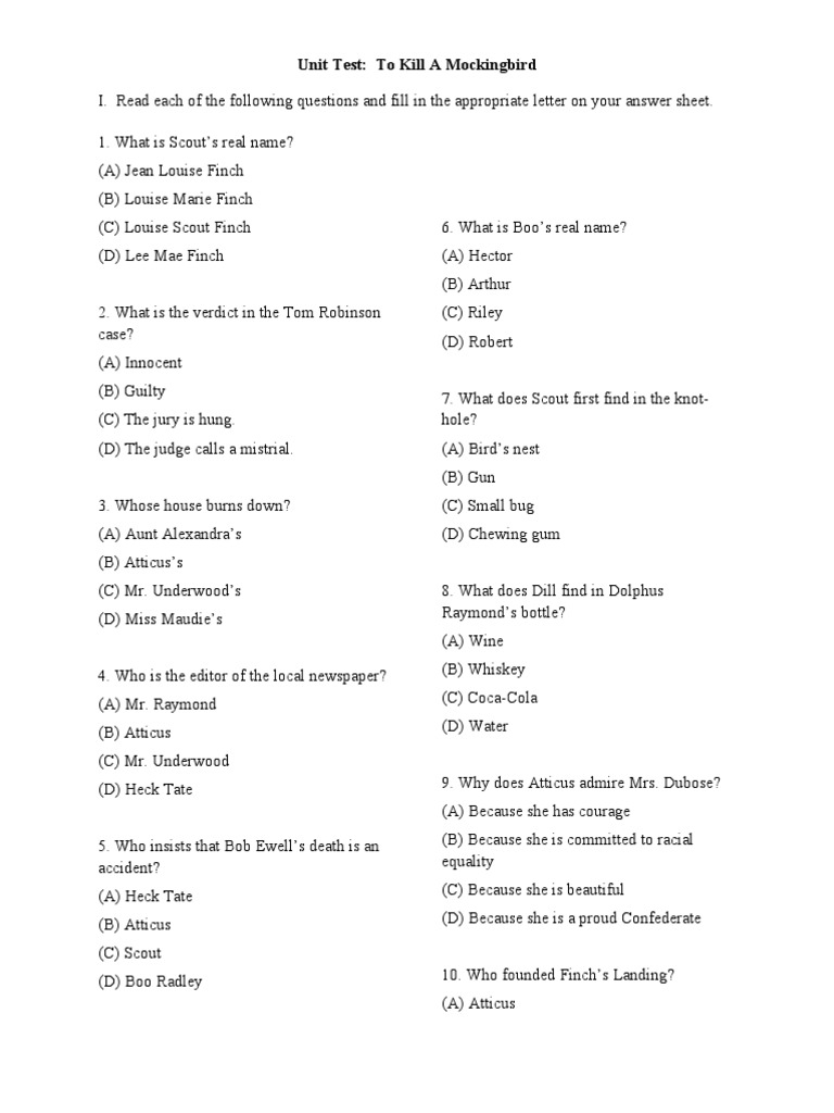 Test-Final On To Kill A Mockingbird | PDF | To Kill A Mockingbird