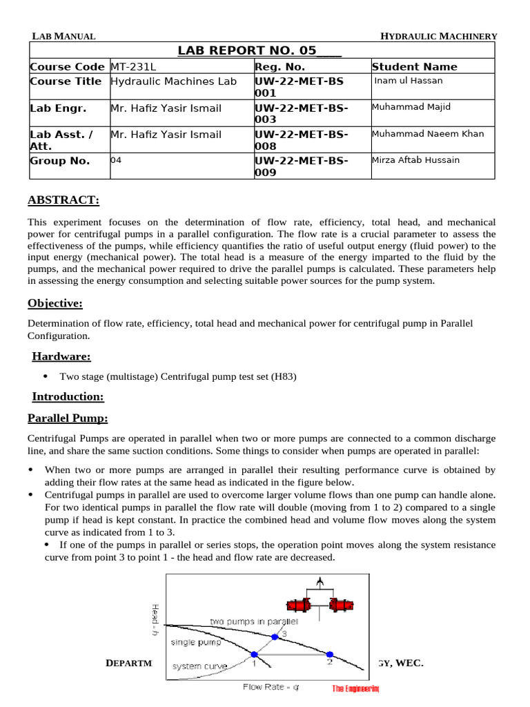 Centrifugal Pumps in Parallel Lab No.06 | PDF | Pump | Valve