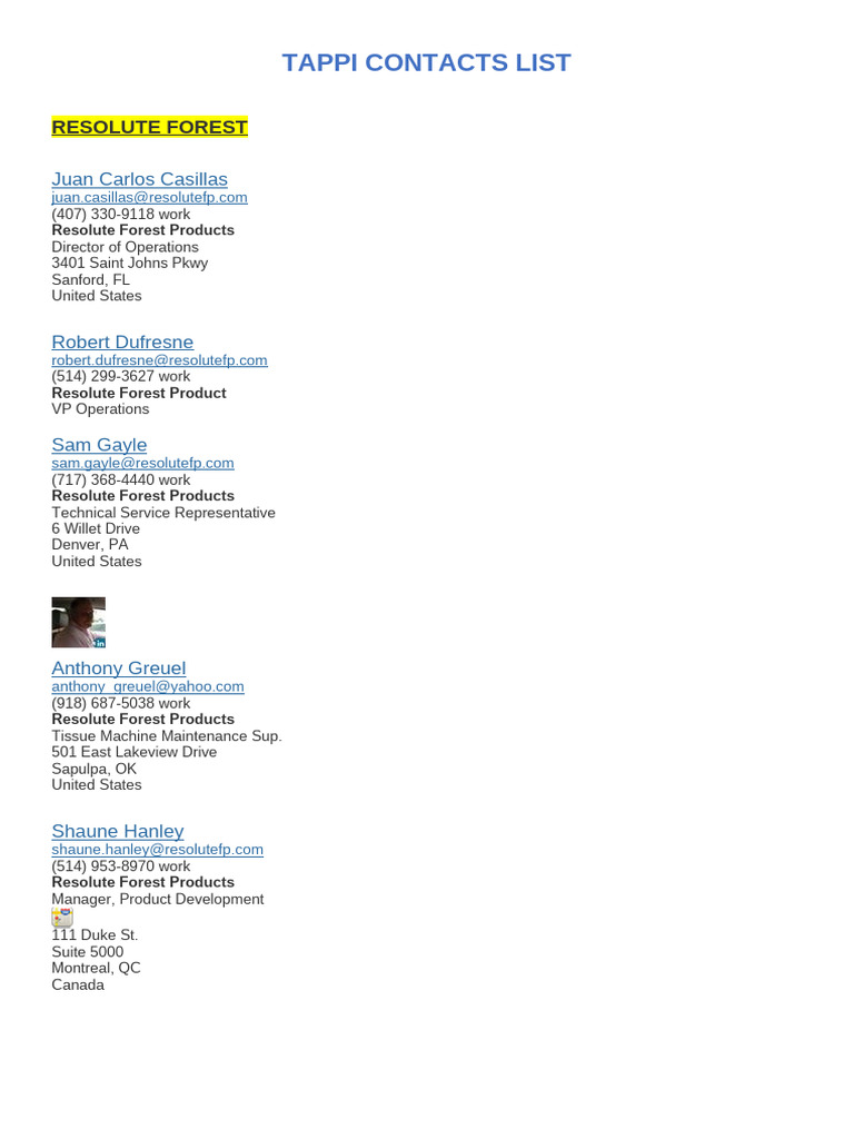 Tappi Contacts List - Resolute Forest | PDF