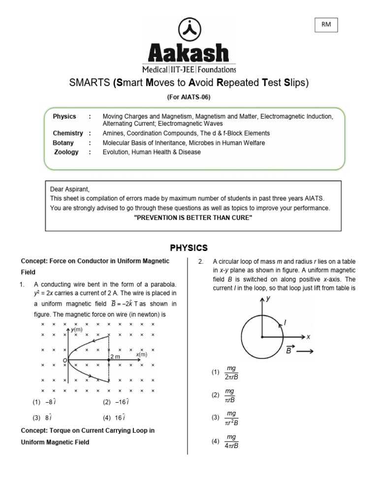 SMART RM (AIATS - 06) Question | PDF | Magnetic Field | Immune System