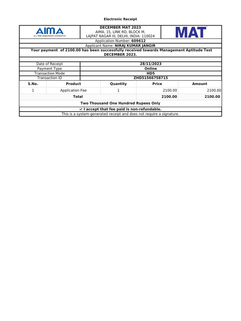 December 2023 MAT Payment Receipt | PDF