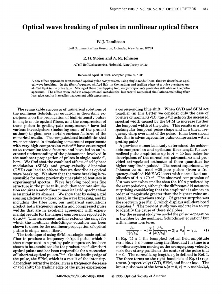 1985_Tomlinson_Optical wave breaking of pulses in nonlinear optical fibers | PDF | Dispersion ...