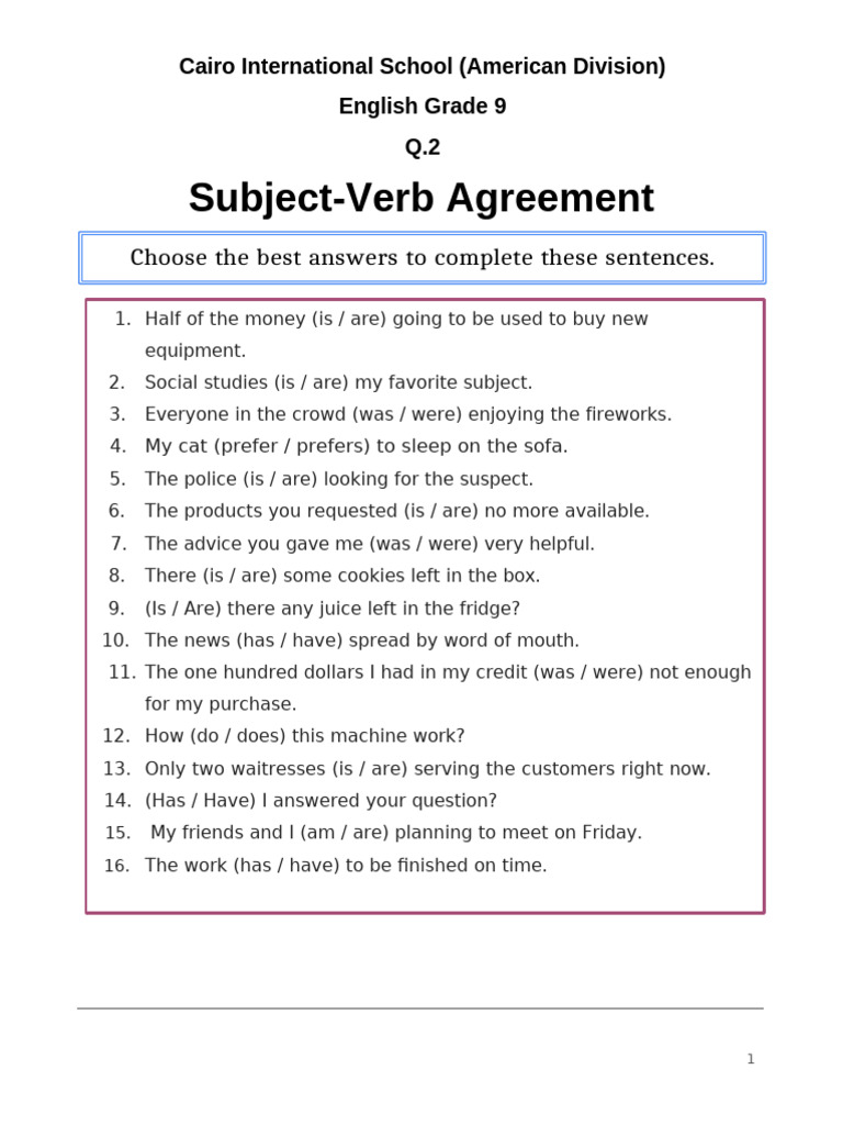 Subject-Verb Agreement Grade 9 Q.2 | PDF