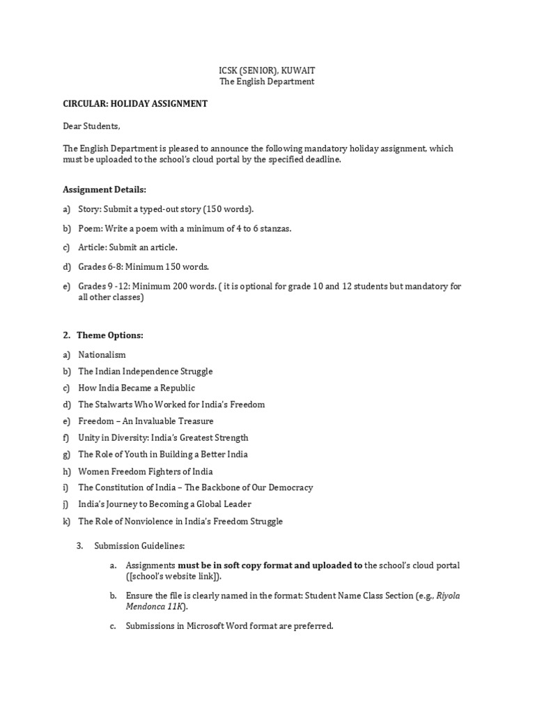 Holiday Assignment for ICSK Students | PDF