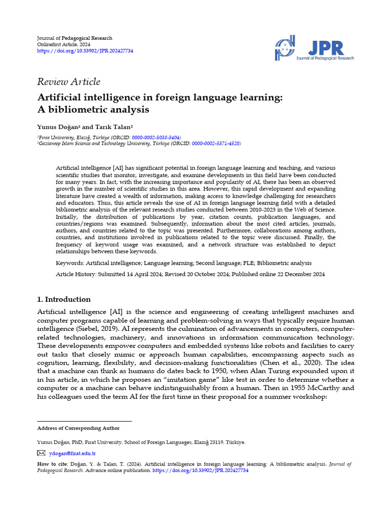 Artificial Intelligence in Foreign Language Learning A Bibliometric Analysis 15741 | PDF ...