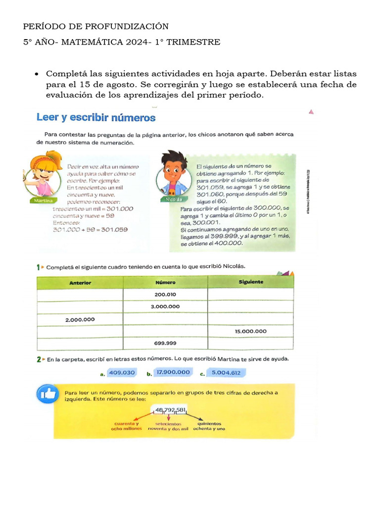 PERÍODO DE PROFUNDIZACIÓN Matemática 5° 1° Trimestre | PDF