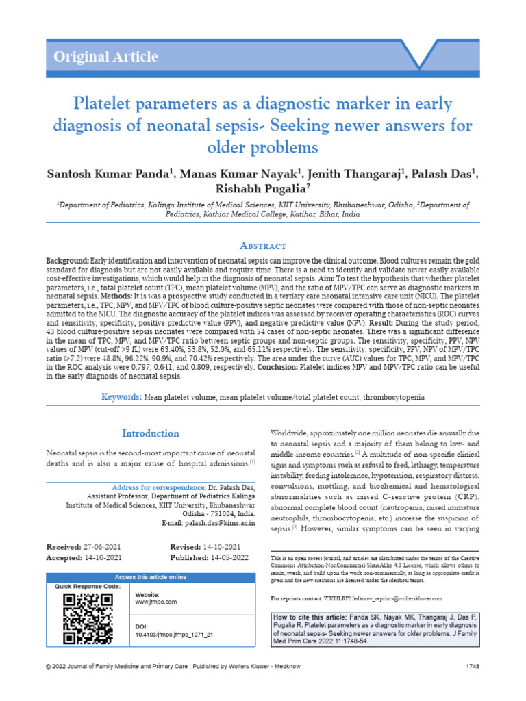 Platelet Parameters As A Diagnostic Marker in Earl | PDF | Sepsis ...