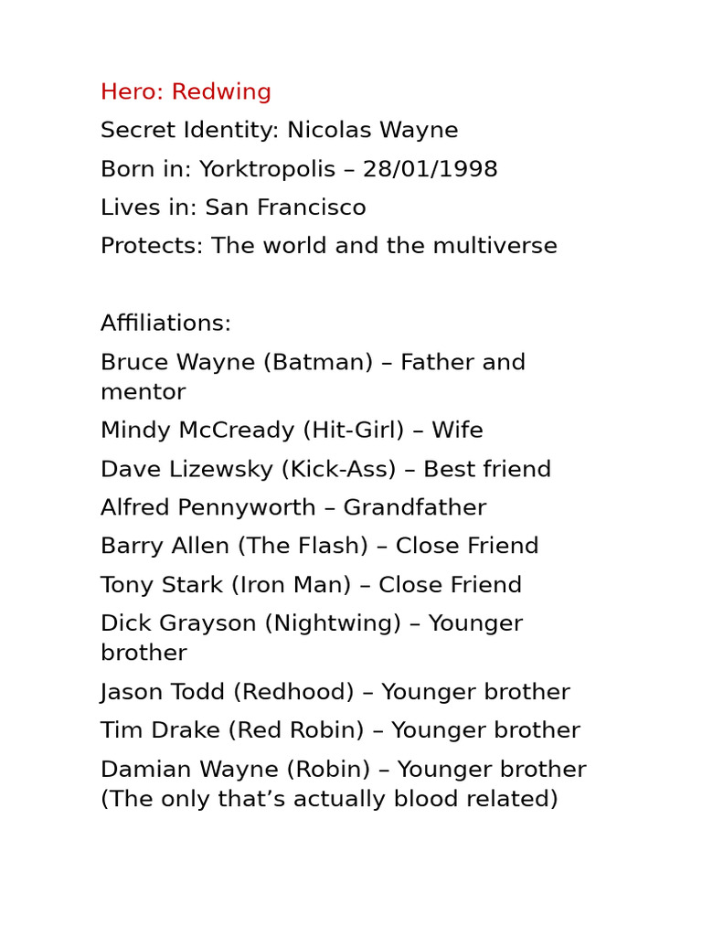 Redwing - Hero sheet | PDF | Batman | Dc Comics