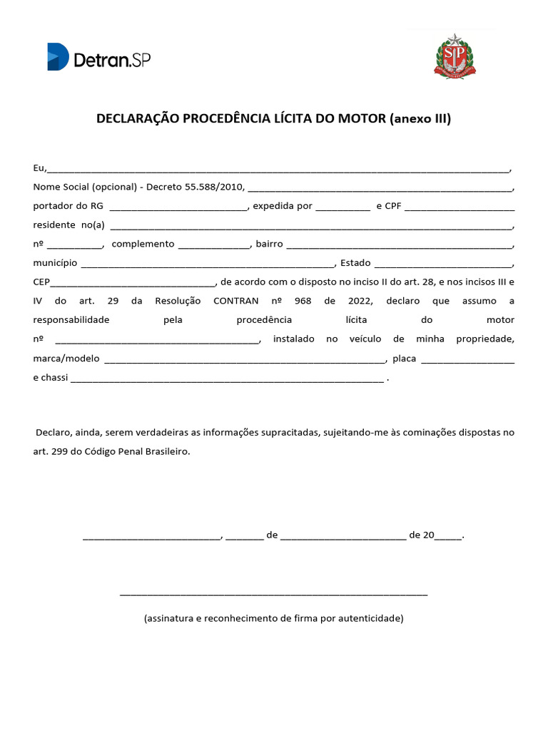 Declaração Procedência Lícita Do Motor III | PDF