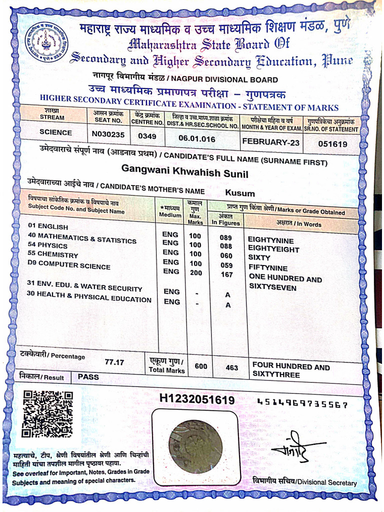 12th Marksheet | PDF