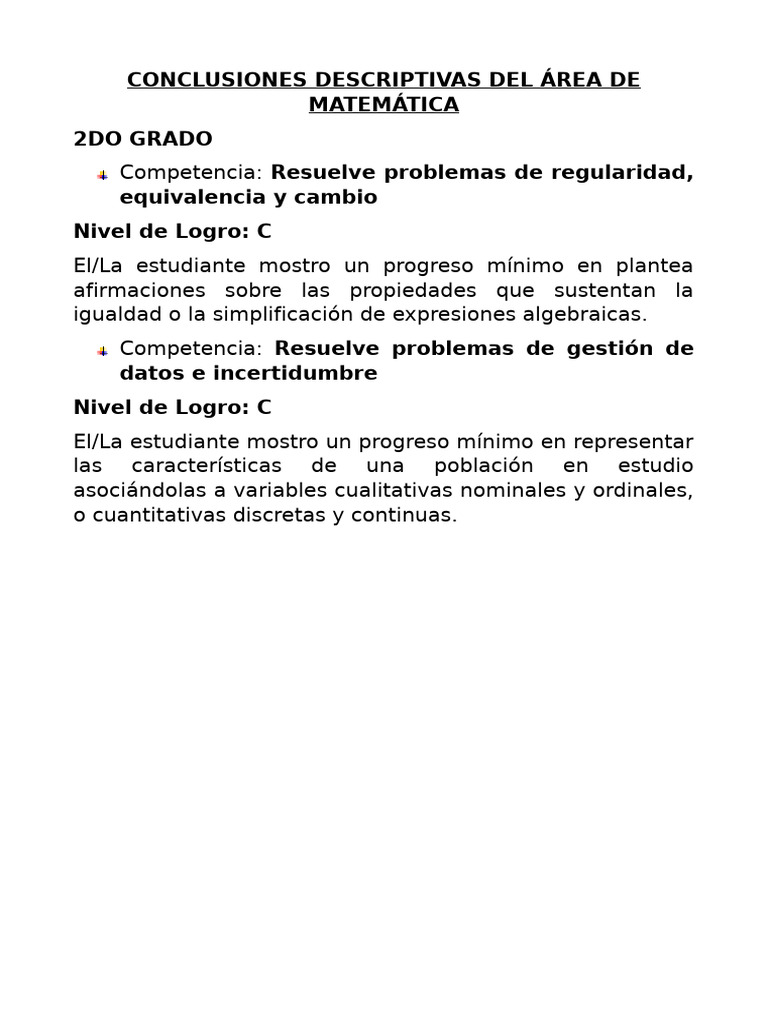 Conclusiones Descriptivas Del Área de Matemática 2 Nivel de Logro C | PDF