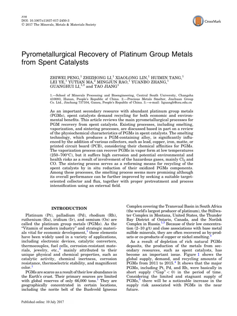 Pyrometallurgical PGM Recovery Guide | PDF | Palladium | Platinum