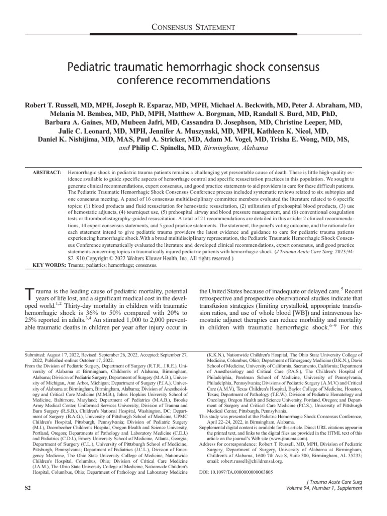 Pediatric Traumatic Hemorrhagic Shock Consensus.2 | PDF | Bleeding ...