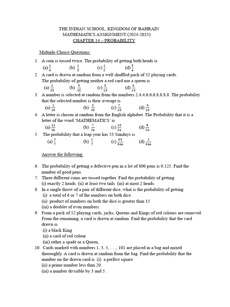 Probability Assignment for Class 10 | PDF | Probability | Pool (Cue Sports)
