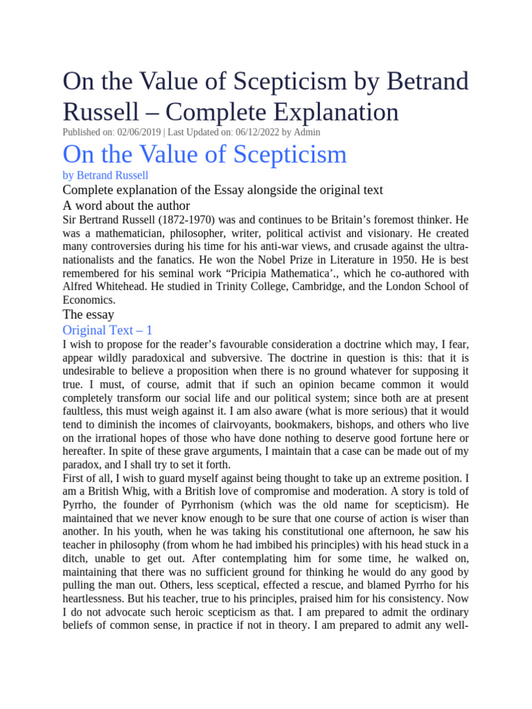 EXPLANATION On The Value of Scepticism by Betrand Russell | PDF ...