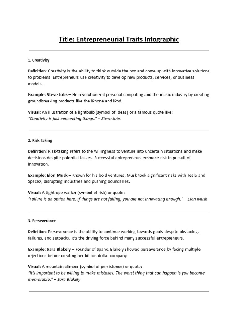Entrepreneurial Traits Illustrated | PDF | Entrepreneurship | Cognition
