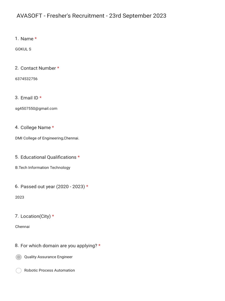 AVASOFT - Fresher's Recruitment - 23rd September 2023 | PDF