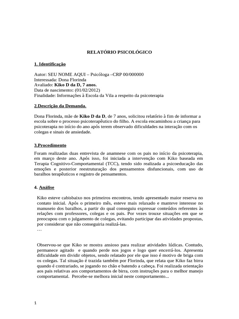 5d5b3941137c403-Modelo Relatório Psicológico 2019 | PDF | Comportamento | Psicologia