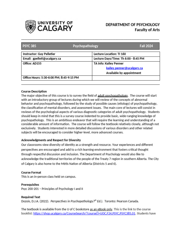 PSYC 385 Course Outline | PDF | Mental Disorder | Psychology