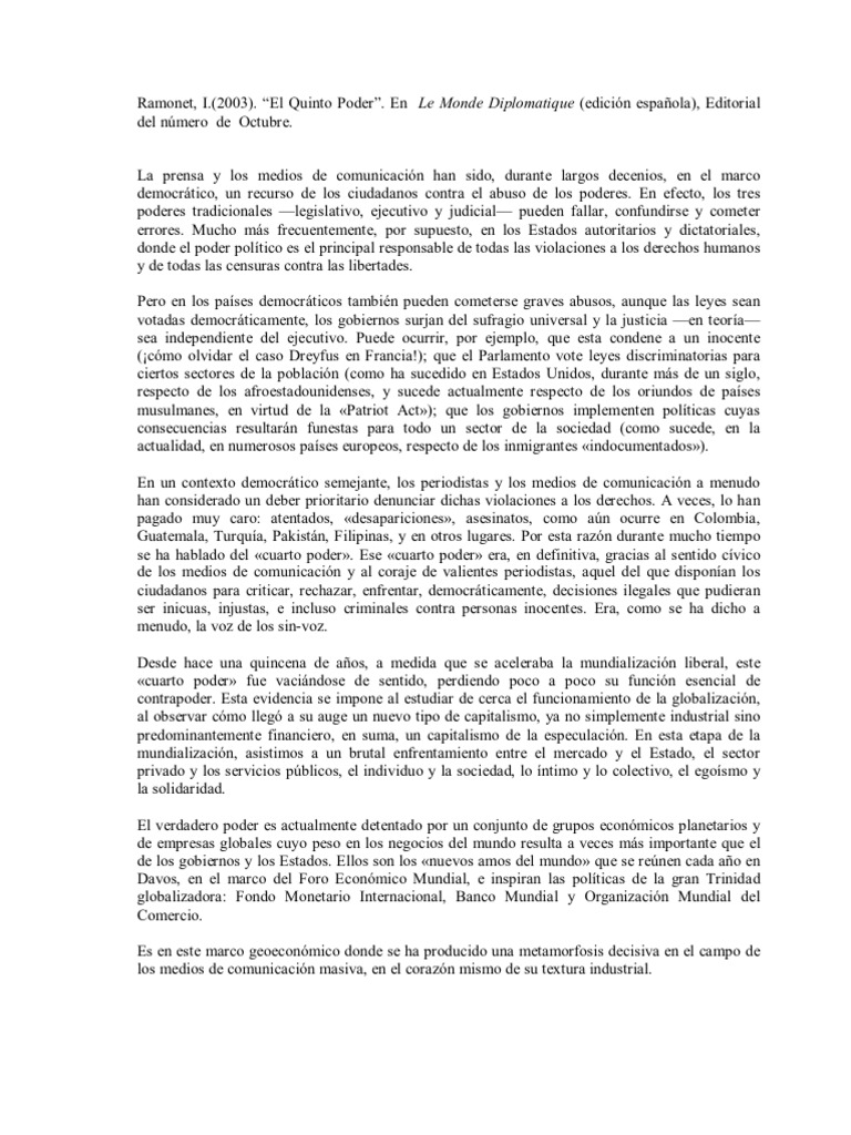 El Quinto Poder | PDF | Medios de comunicación en masa | Globalización