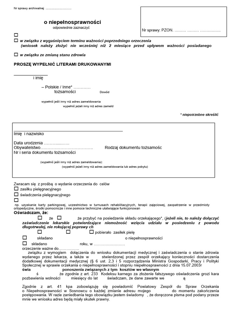 Wniosek o Wydanie Orzeczenia o Niepełnosprawności | PDF