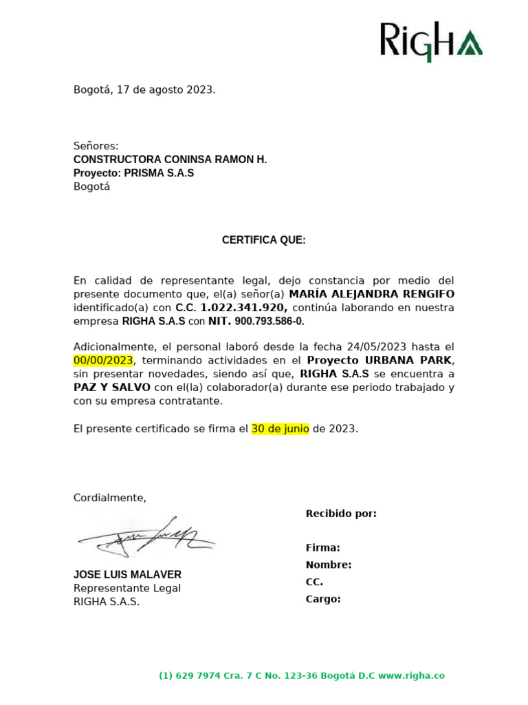 Certificado Laboral de María Rengifo | PDF